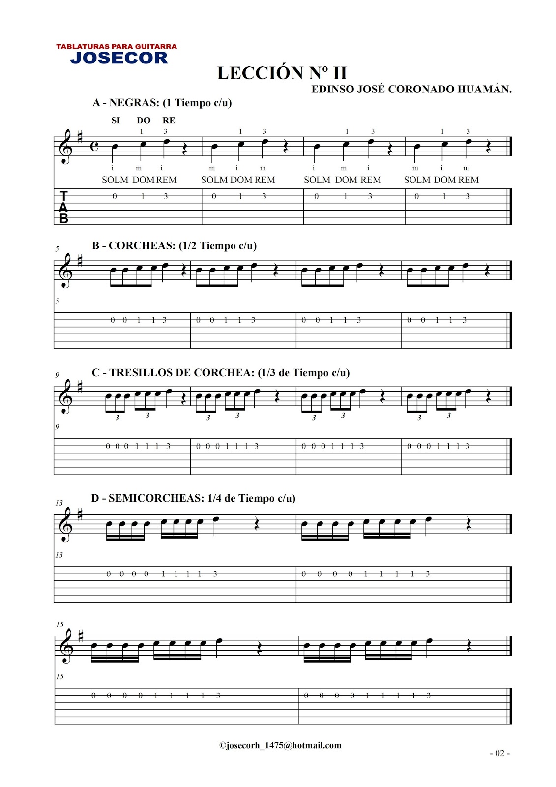 MÚSICA Y PARTITURAS JOSECOR: LECCIÓN N° II (Las notas SI - DO - RE)