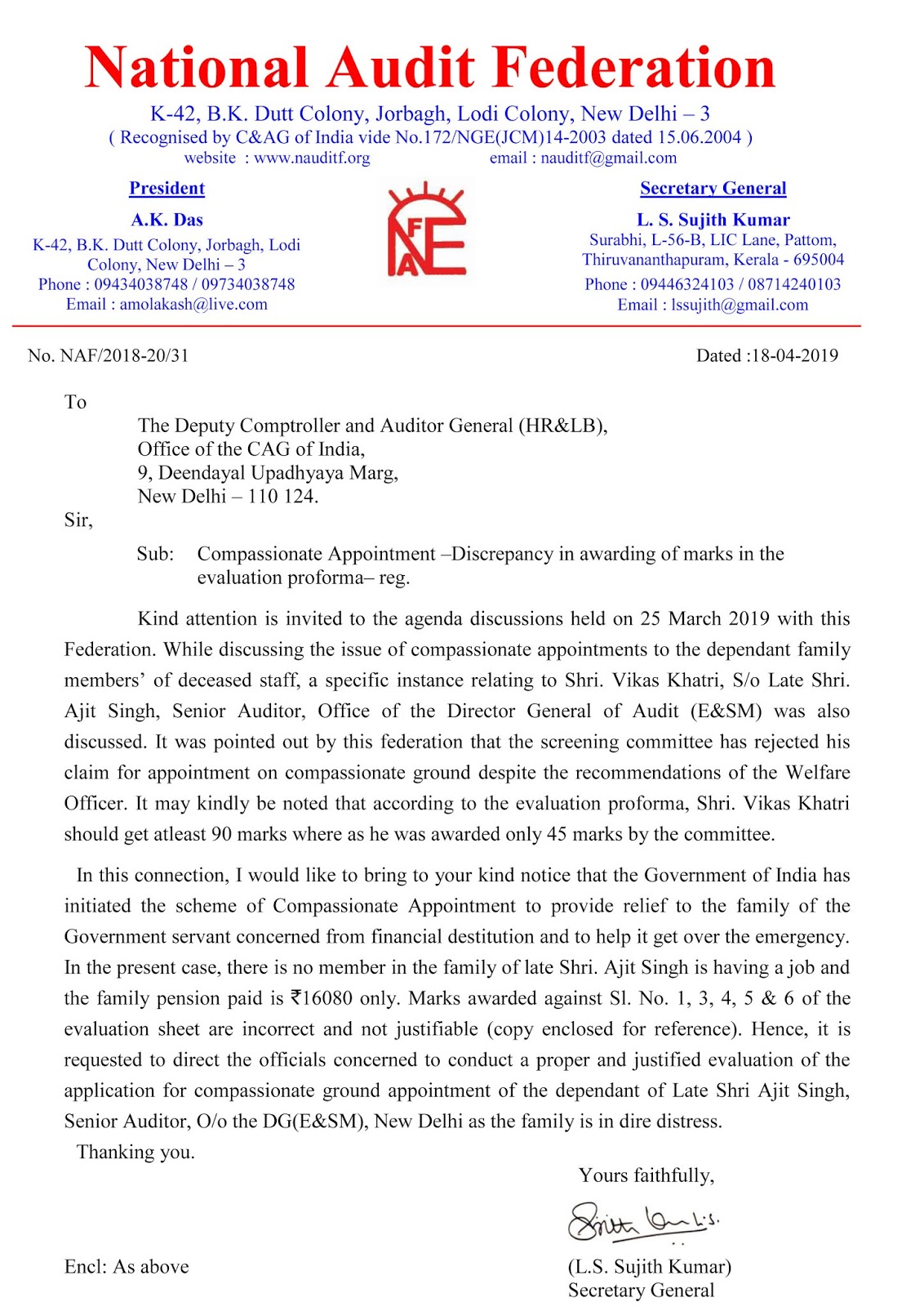 National Audit Federation: Letter submitted to CAG on Sr.AO Group A ...