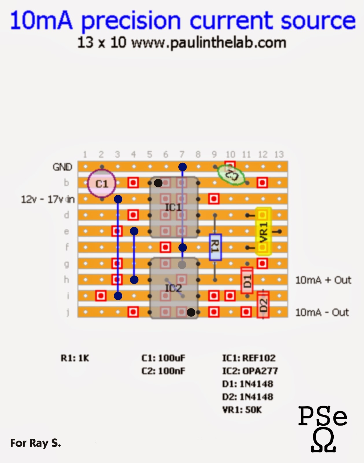 Paul In The Lab: 10mA precision current source Stripboard Layout