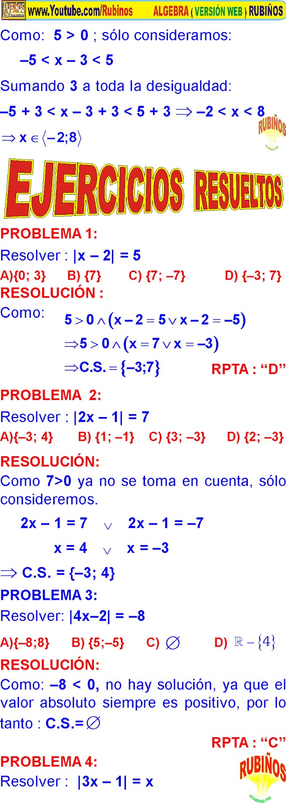 ECUACIONES CON VALOR ABSOLUTO EJERCICIOS RESUELTOS PDF