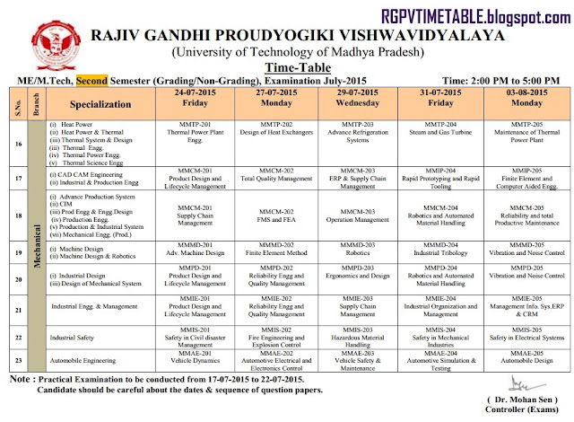 RGPV M.Tech/ME 2nd Sem Exam Time Table | RGPV Examination Time Table