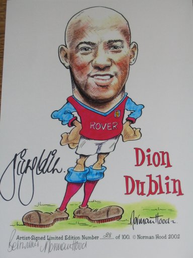 THE CARTOONSTORE: DION DUBLIN WITH SIGNED CARTOON - ASTON VILLA