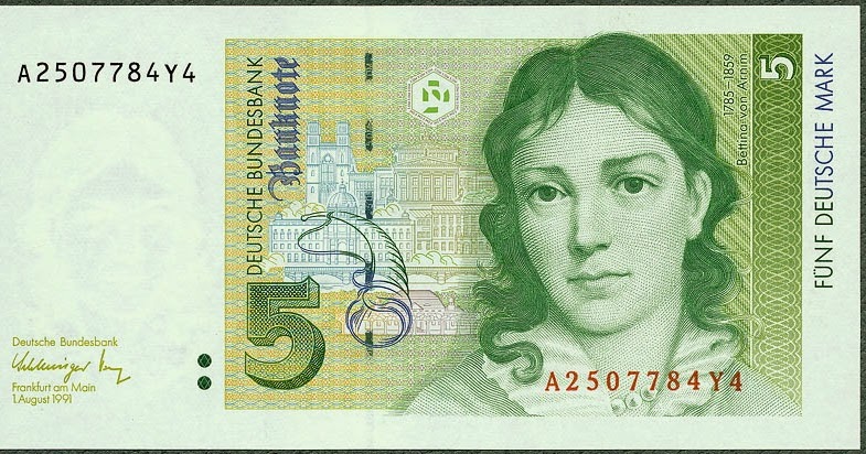 Germany 5 Deutsche Mark banknote 1991 Bettina von Arnim|World Banknotes ...