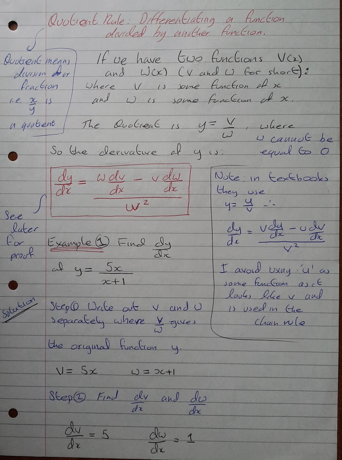A Level Maths Notes: A2 Differentiation Quotient Rule Part 1