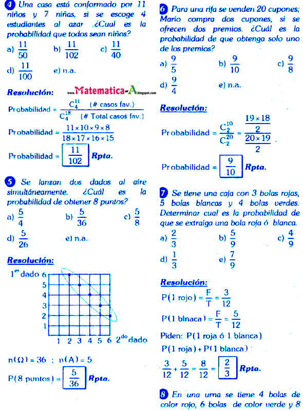 PROBABILIDADES EJERCICIOS DESARROLLADOS ~ MATEMATICAS PROBLEMAS RESUELTOS