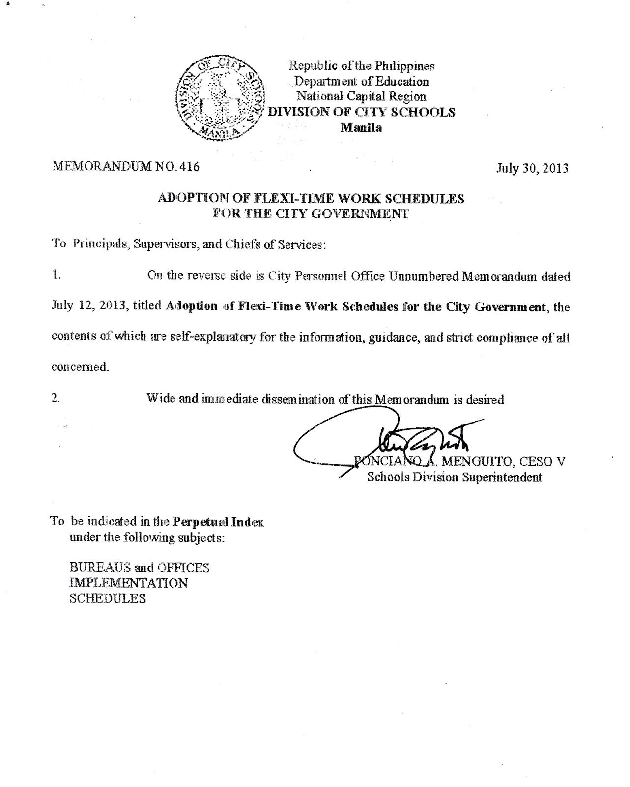 Department of Education Manila: Division Memorandum No. 416 ADOPTION OF ...