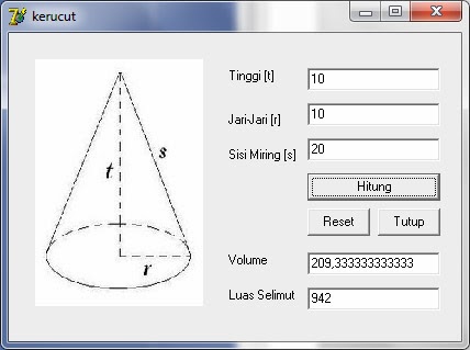 Menghitung Volume dan Luas Selimut Kerucut - Delphi