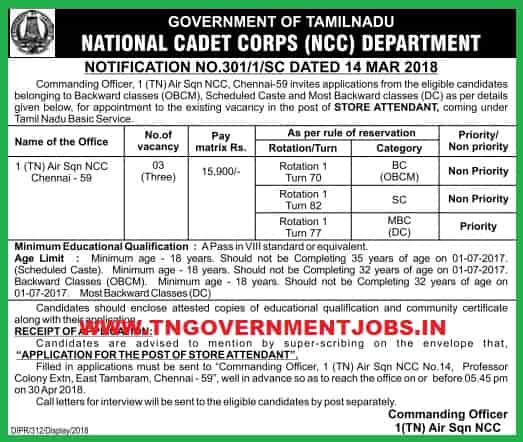 TN NCC Department Chennai Stores Attendant Post Recruitment 2018 | TN ...