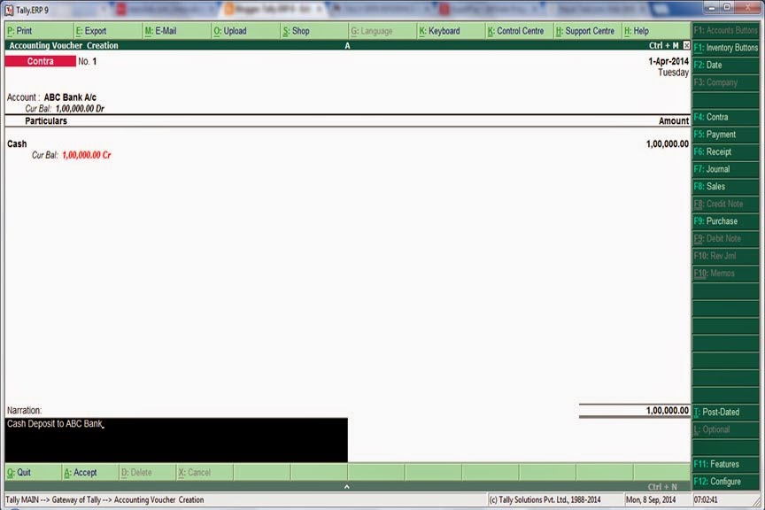 Tally ERP 9 : Contra Voucher Entry