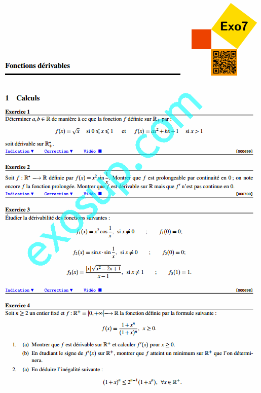 Exercices corrigés sur la derivabilité - ExoSup