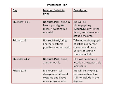 Siani Warner: Planning Task 15) Photoshoot Plan