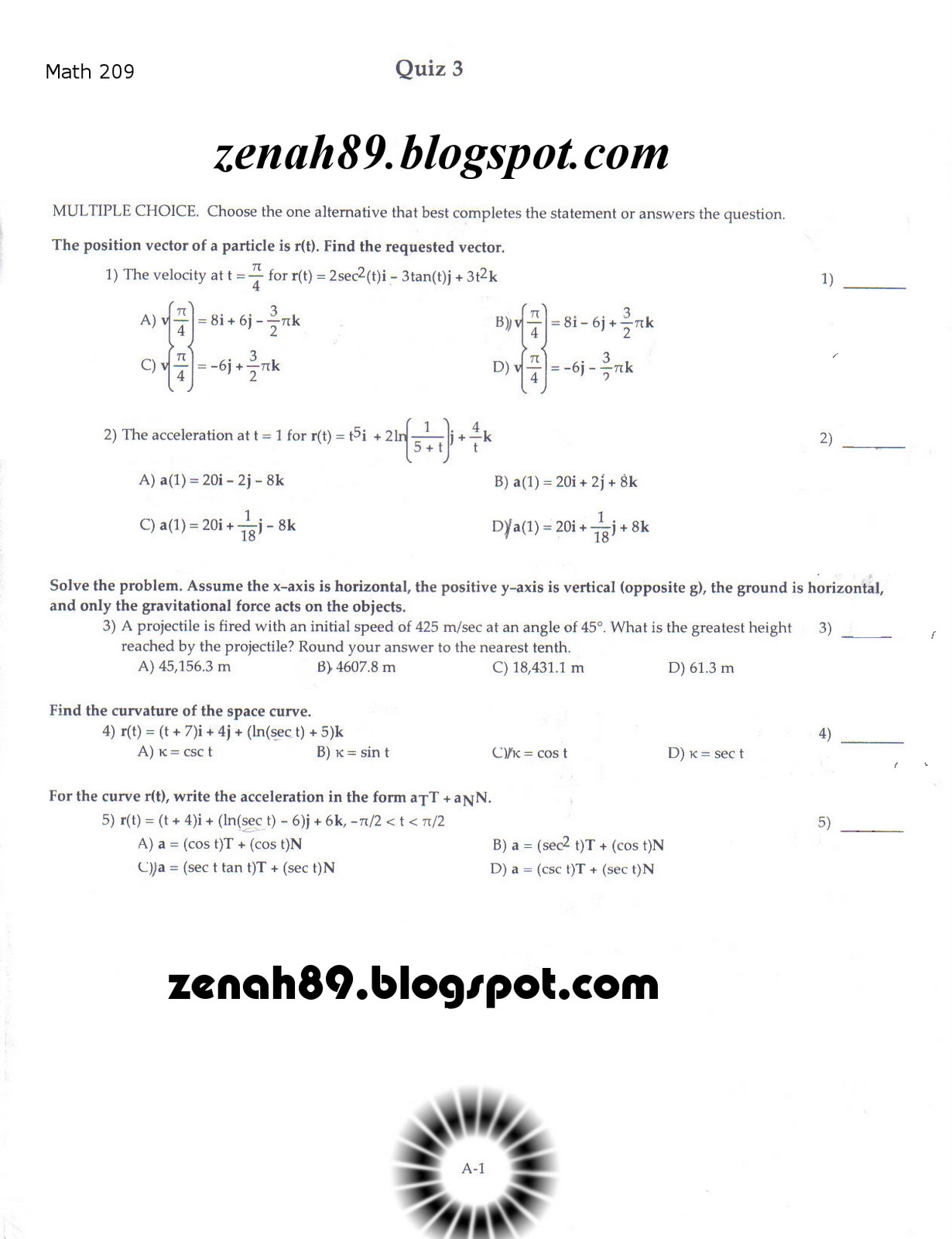 teCh-89: MATH 209 QUIZZES, Calculus III