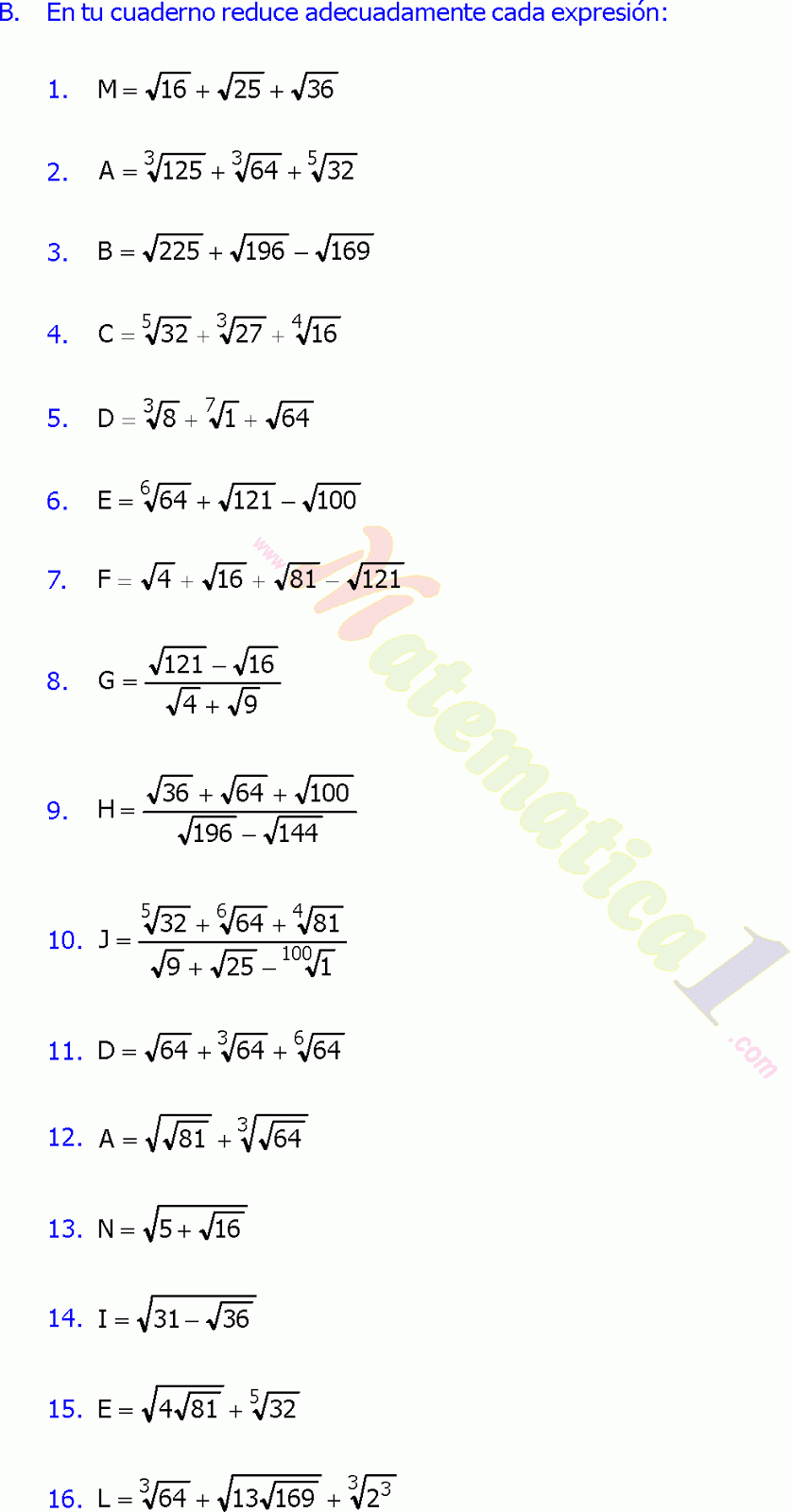 RADICACIÓN Y RAICES EJEMPLOS EJERCICIOS PARA RESOLVER DE MATEMÁTICAS DE ...