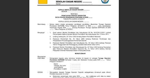 Contoh SK Operator Sekolah Terbaru Format Microsoft Word