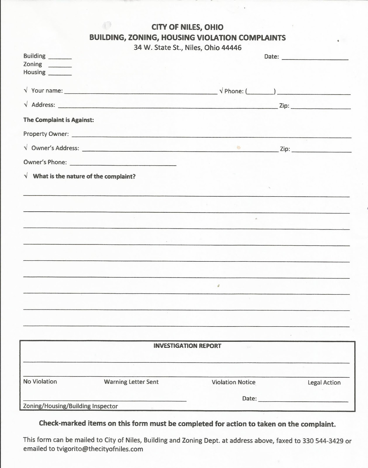 Life in Niles: BUILDING, ZONING, HOUSING VIOLATION COMPLAINTS FORM