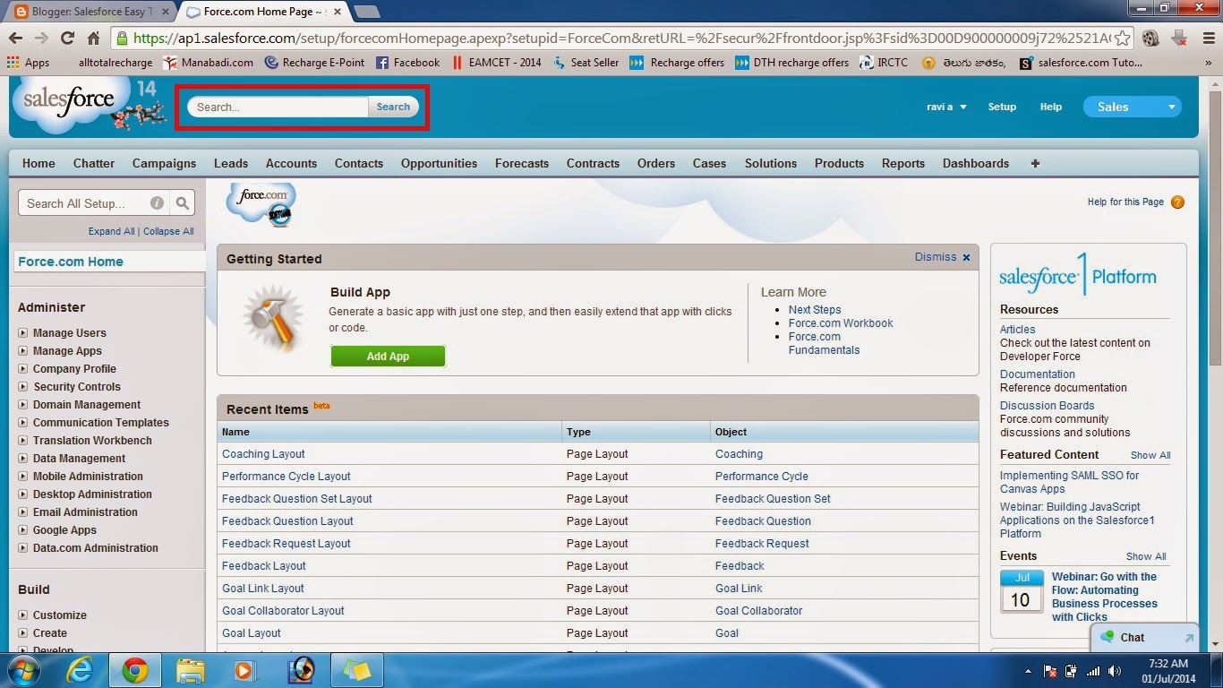 Salesforce Learners Blog: Salesforce Developer Edition Home Page Overview