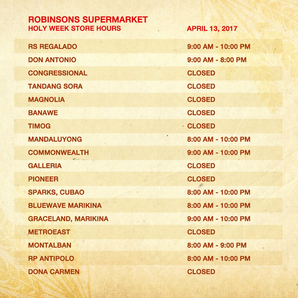 Manila Shopper: Holy Week / Lenten 2017 Schedule of Malls, Supermarkets ...