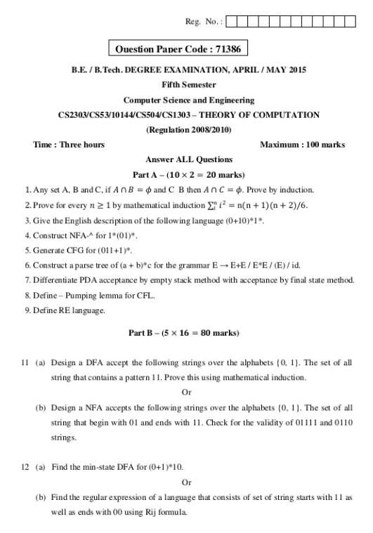 Cs2303 Theory Of Computation April May 2015 Question Paper University Question Papers