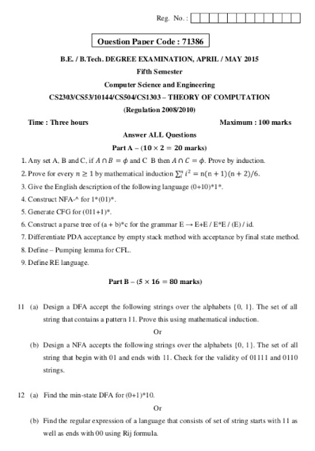 CS2303 Theory of Computation April May 2015 Question Paper - University ...