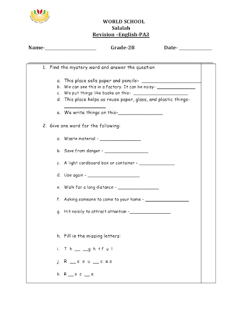 Birla World School Oman: Homework for Grade 2 as on 08/02/2018