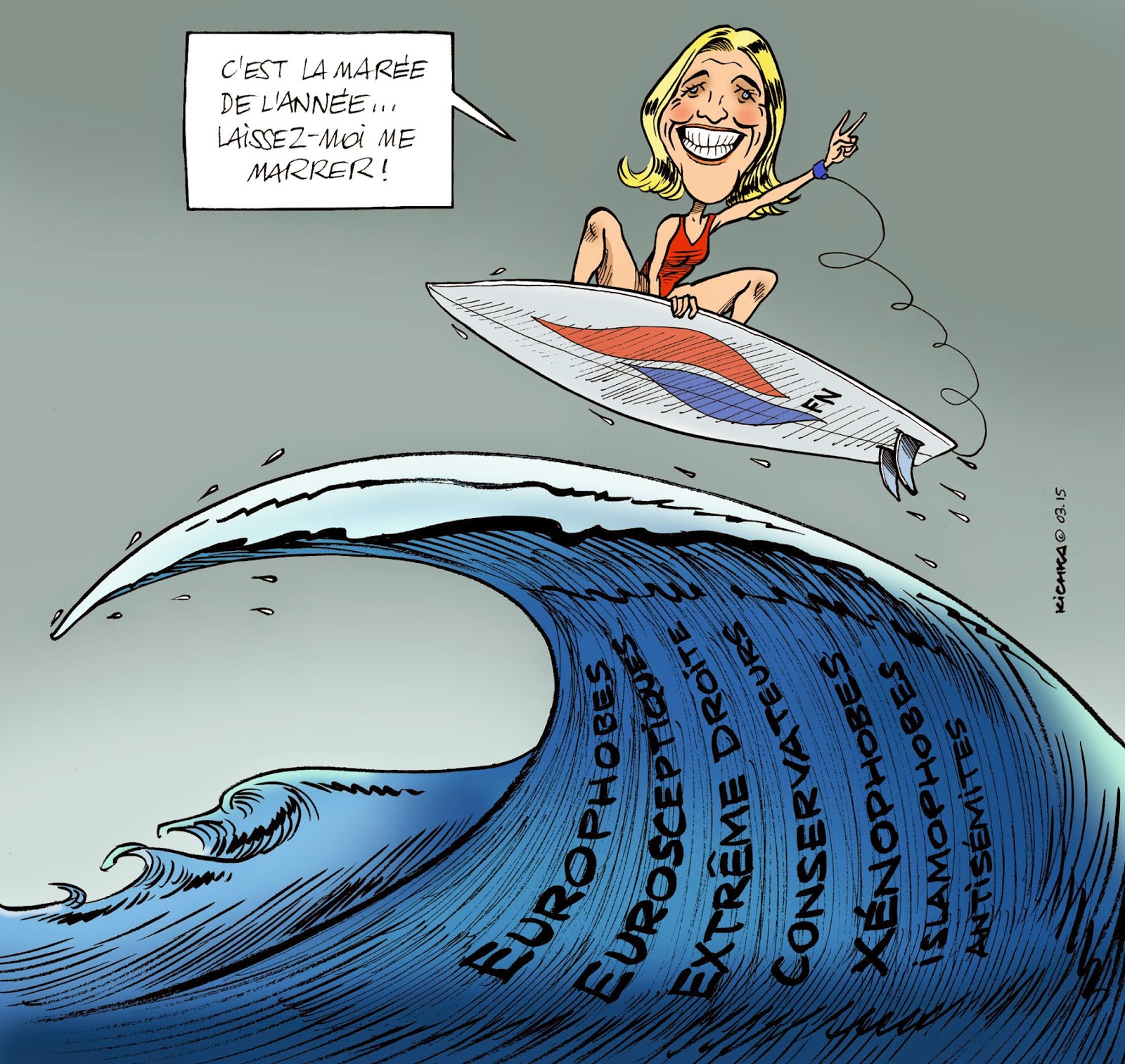 humorgrafe: Marinne Le Pen surfing the Right wave - Humour of Kichka
