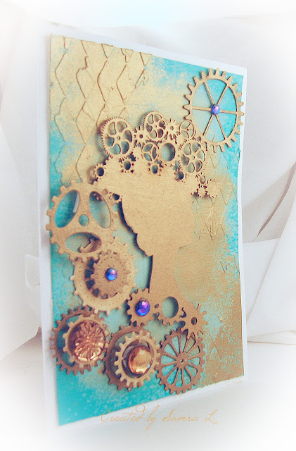 Paper Talk With Samra: Gold and Turquoise Steampunk Card