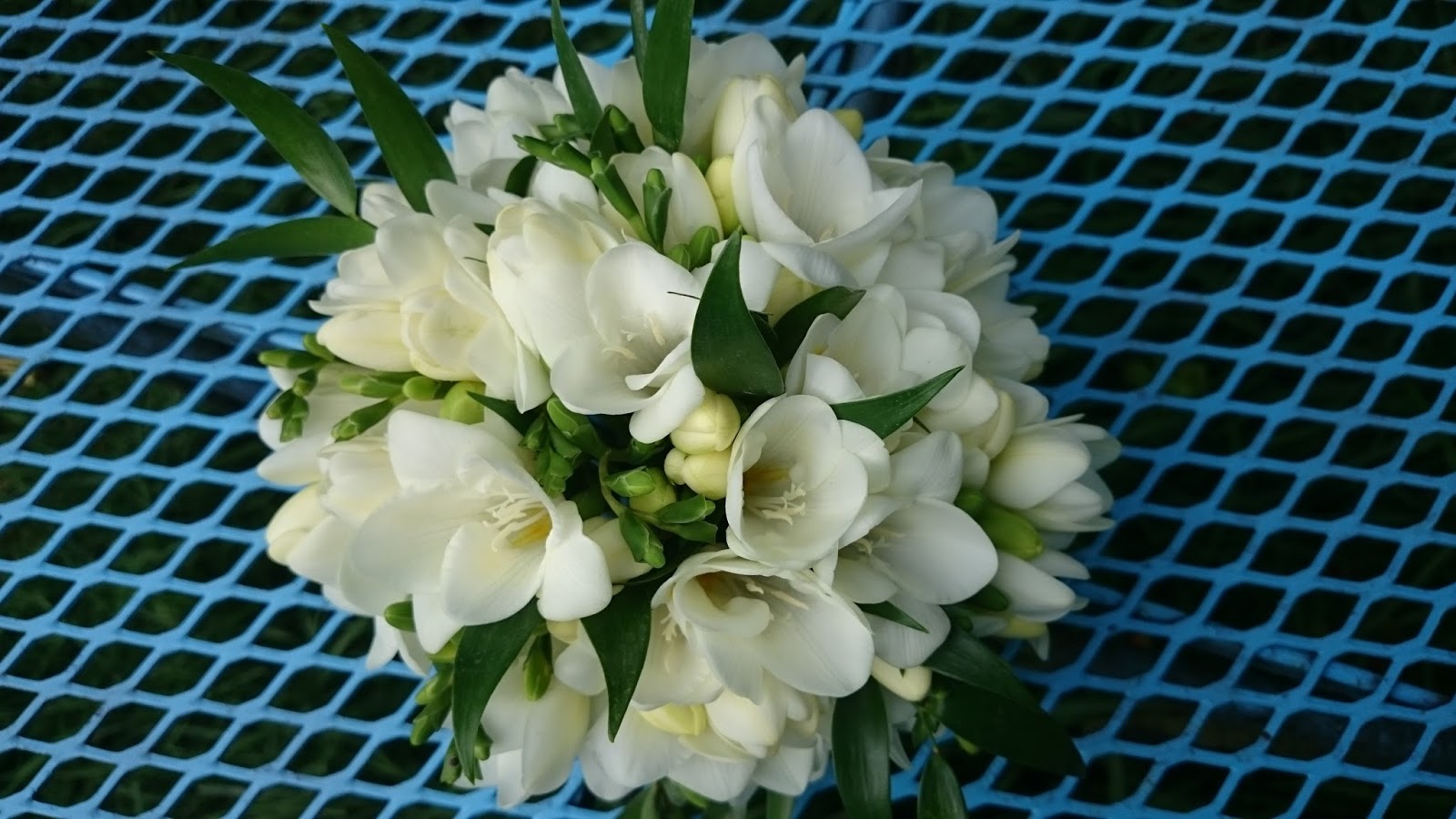 Sandra's Flower Studio.: Red rose and white freesia wedding flowers