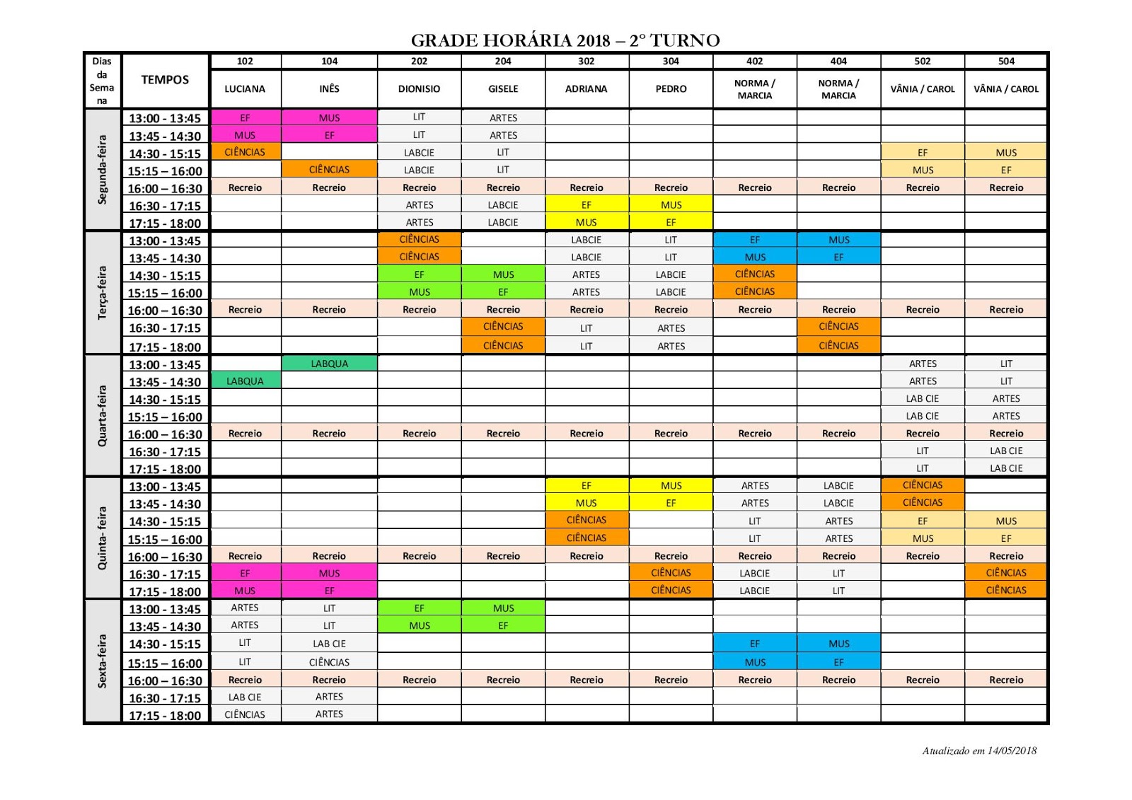 Colégio Pedro II - Campus Humaitá I: Grade horária