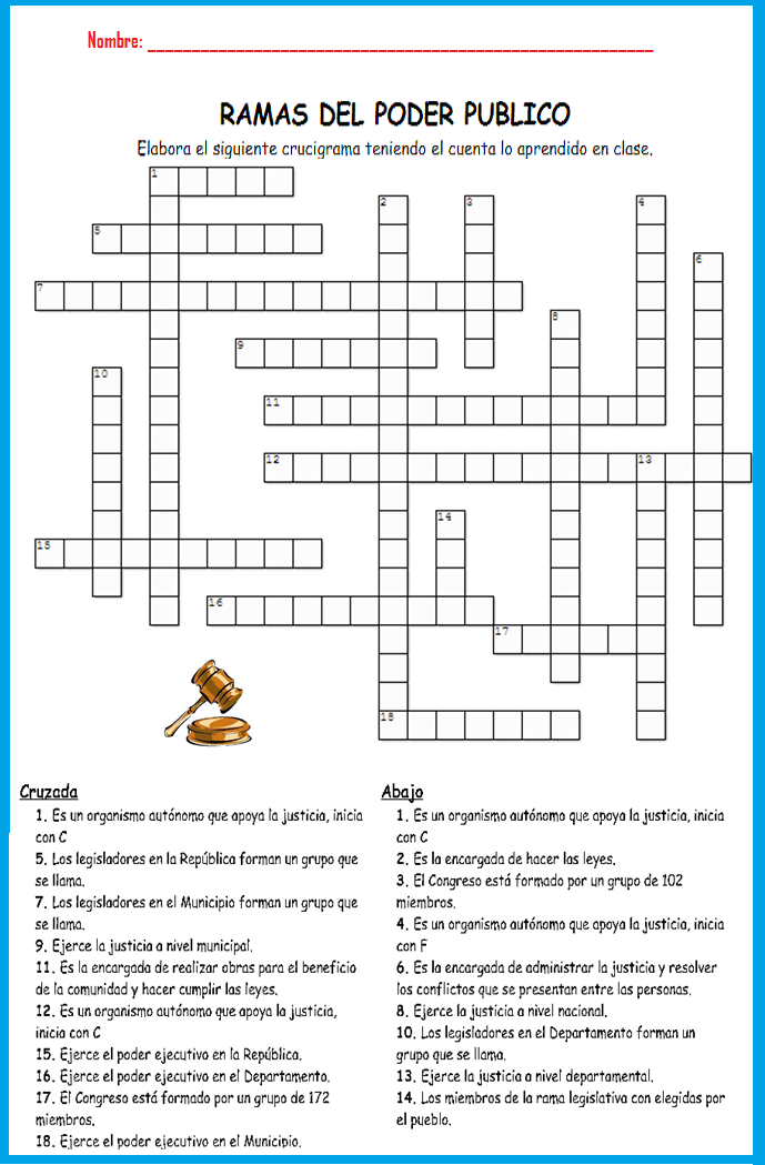 Fichas de Primaria: Crucigrama de las ramas del poder público