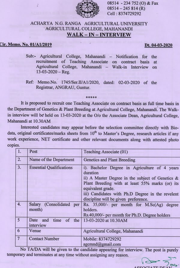 ANGRAU Plant Breeding Teaching Associate Job Opening