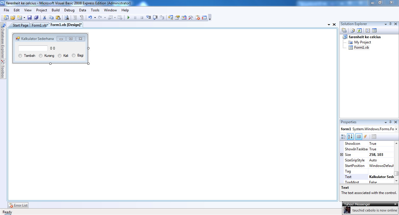 Membuat kalkulator sederhana menggunakan visual basic 2008/vb.net - artikel visual basic