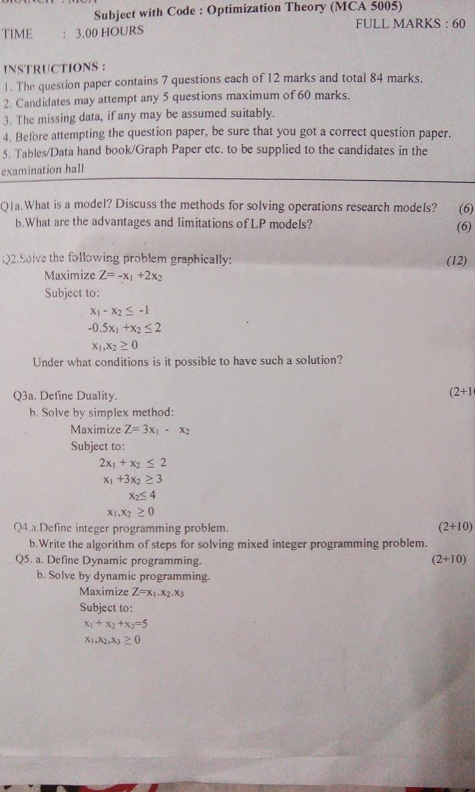 Optimization Theory Previous years question papers