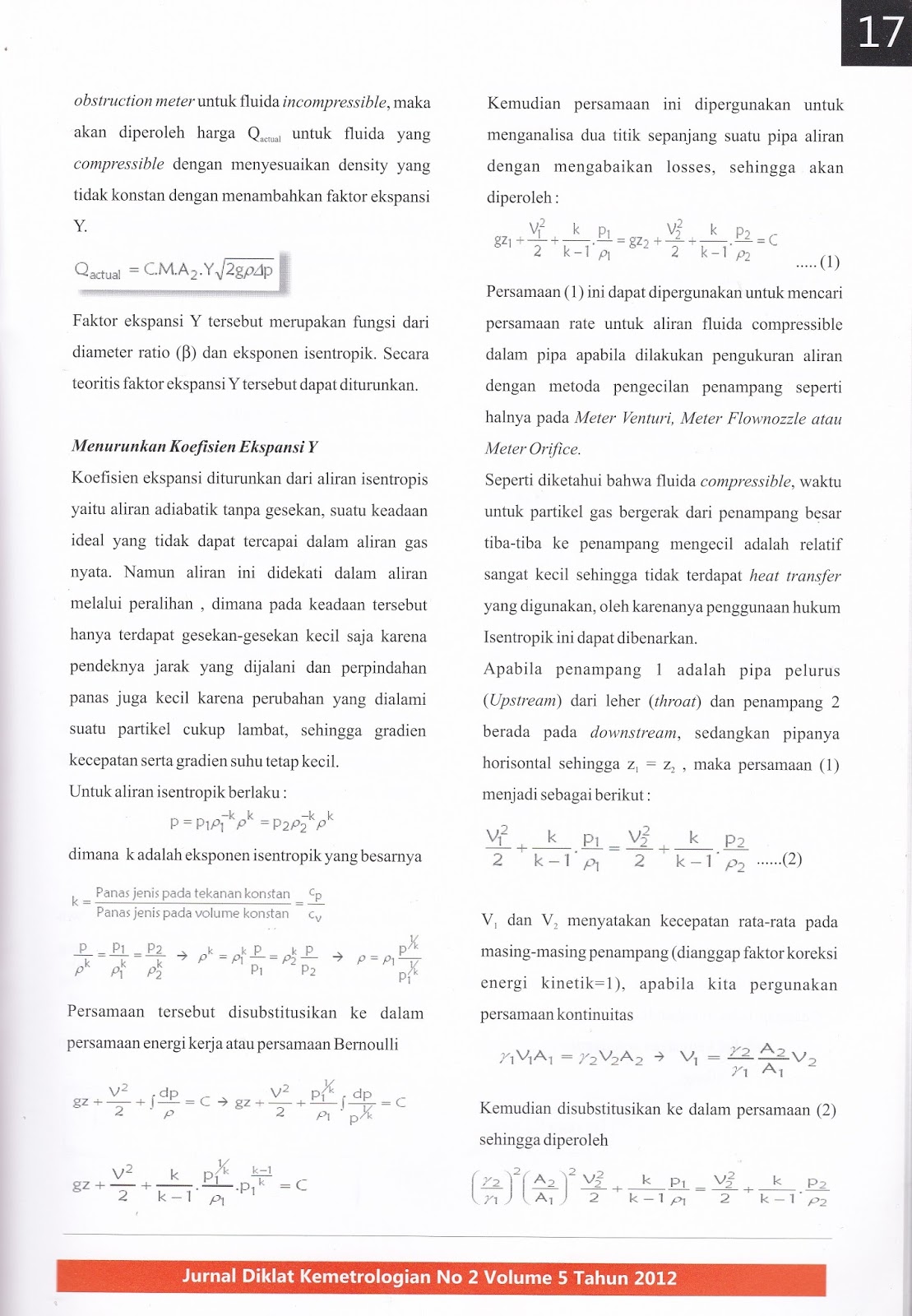 Penurunan faktor ekspansi dalam rumus flow rate meter gas venturi ...