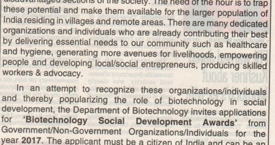 Advertisement for Biotechnology Social Development Awards-2017