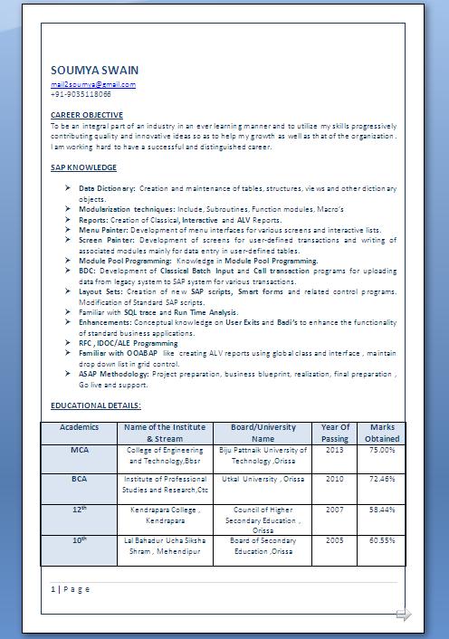 SAP Fresher Resume Sample Format in Word