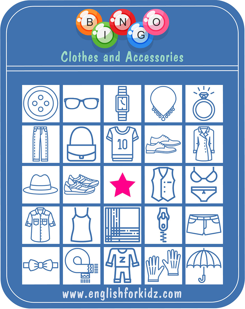 Clothes and Accessories Bingo Game