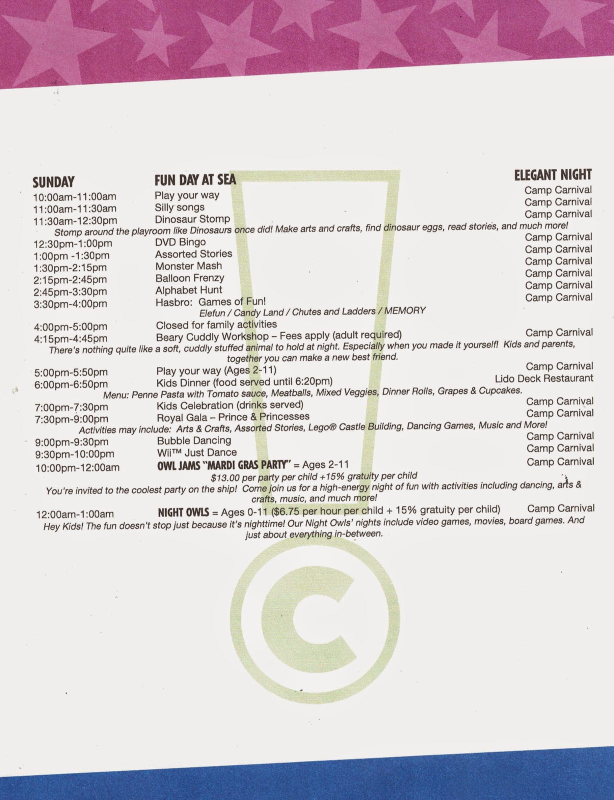 Carnival Cruise Lines Camp Carnival Schedules for ages 2-5, 6-8, and 9 ...