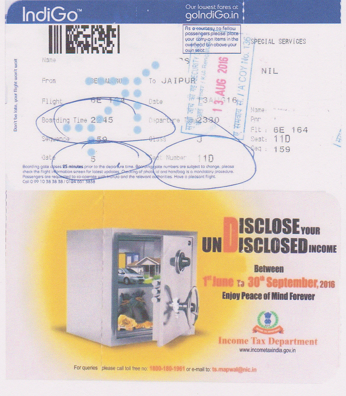 The traveler's drawer: IndiGo Airlines. Boarding card for the flight 6E ...