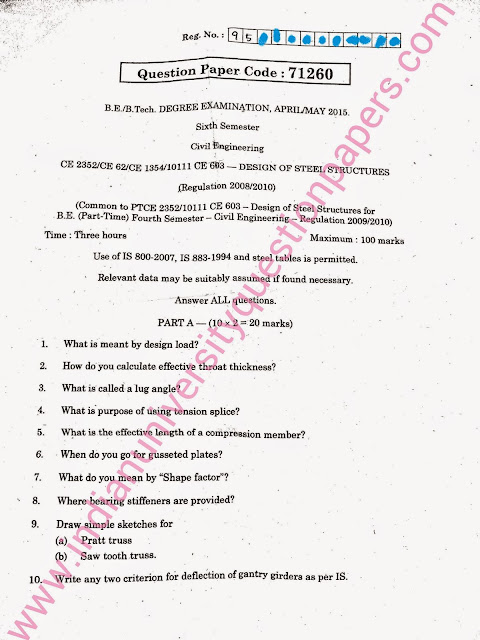 CE2352 Design of Steel Structures 2015 BE Civil 6th Semester Anna ...