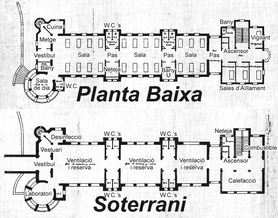 de Santa Creu a Sant Pau: Els pavellons d'un pis i tres sales