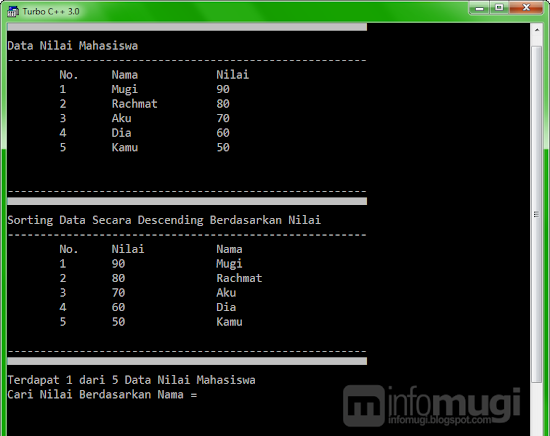 Program Untuk Menginputkan Nilai Menggunakan Fungsi Array Sorting Dan Searching Infomugi
