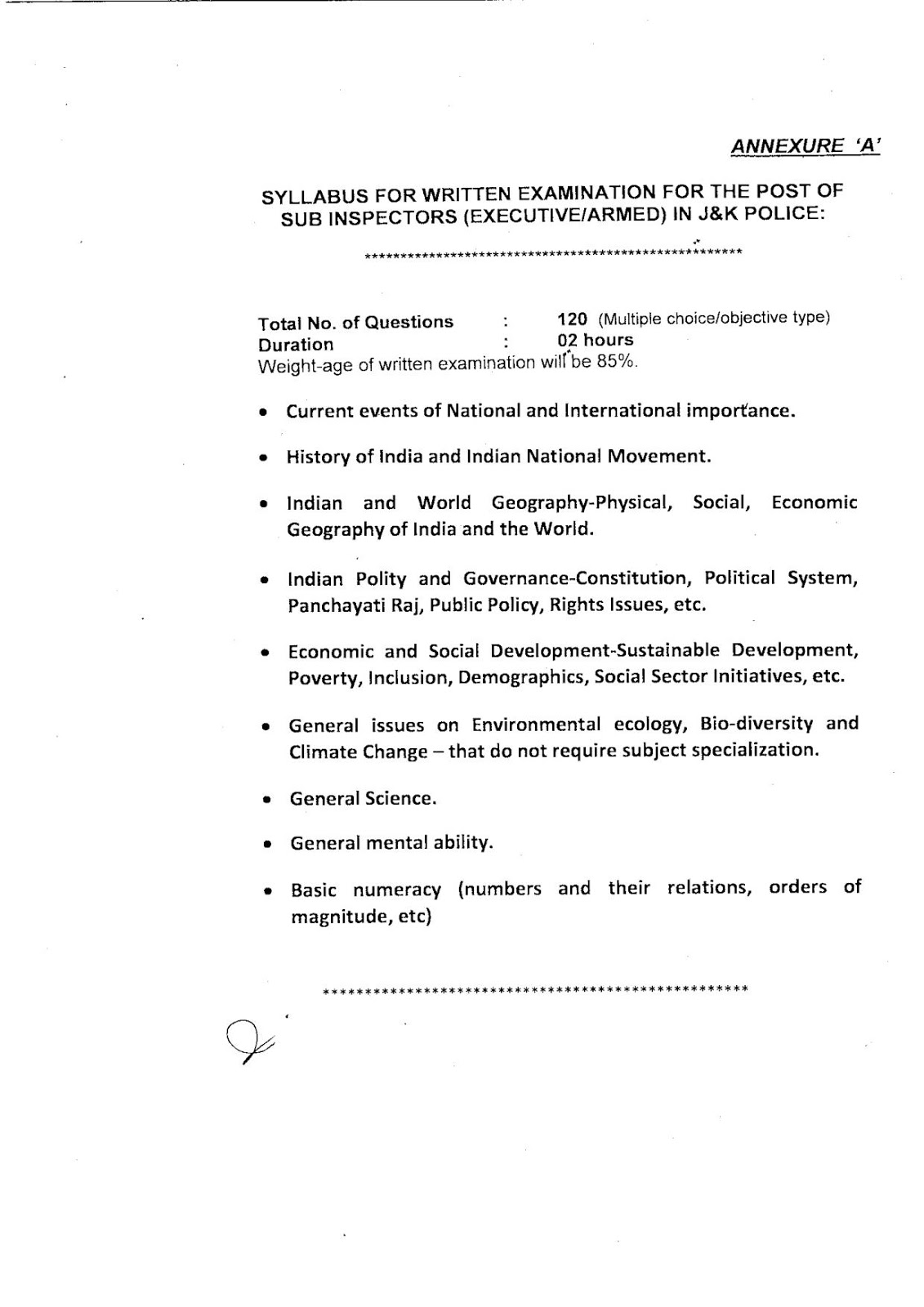 Syllabus for written examination for the post of Sub-Inspector in J&K ...