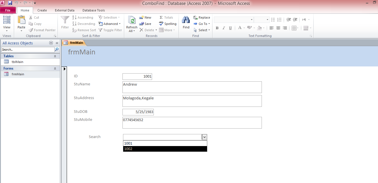 MS Excel,MS Access,Google Sheet: MS Access Combo box search