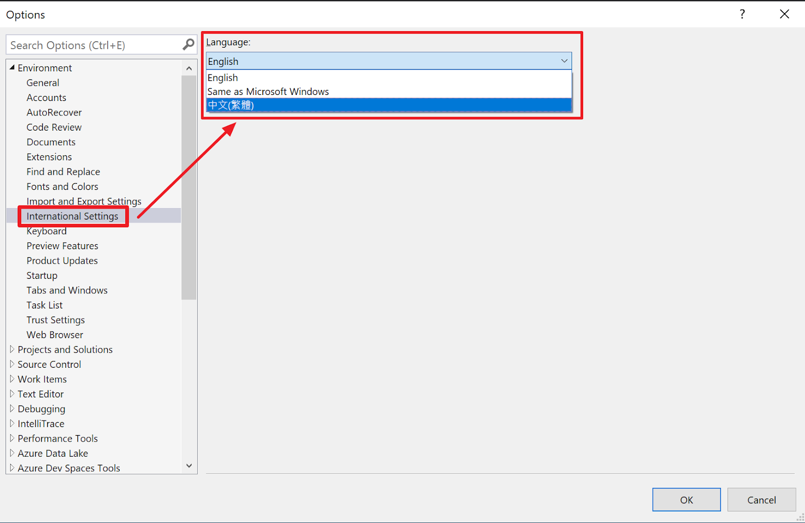 Visual Studio 2019 中英文切換 (變更語言)