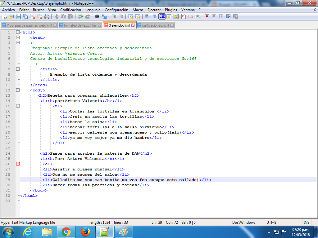 Ejemplo de listas ordenadas y desordenadas