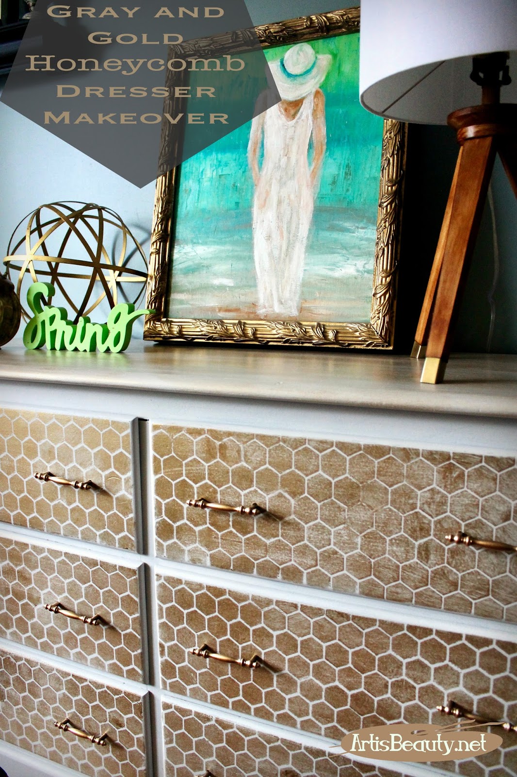 ART IS BEAUTY: Gray and Gold Distressed HoneyComb Stencilled Dresser ...