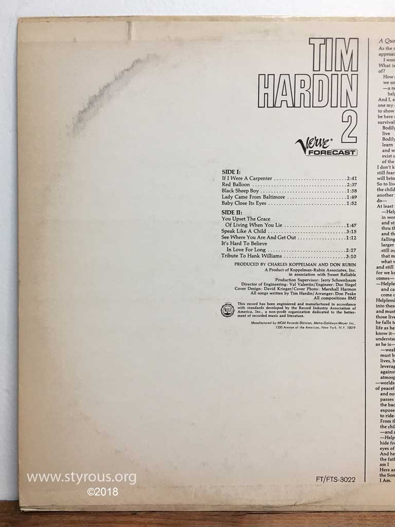 The Styrous® Viewfinder: 20,000 vinyl LPs 162: Tim Hardin ~ Two