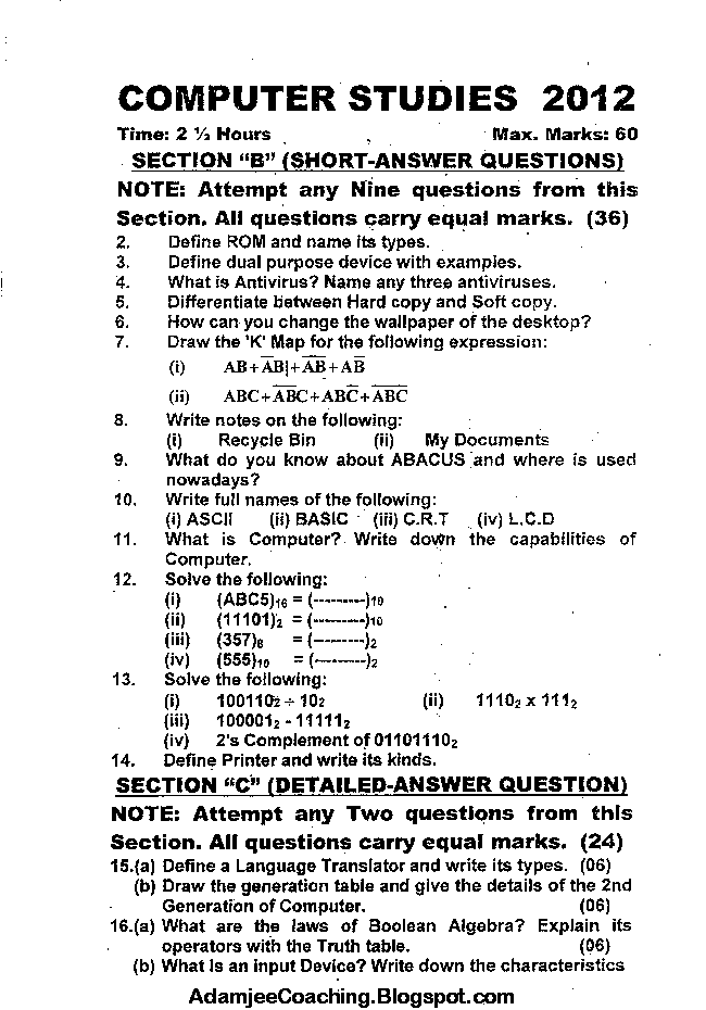 Adamjee Coaching: IX Computer Studies Past Year Paper - 2012