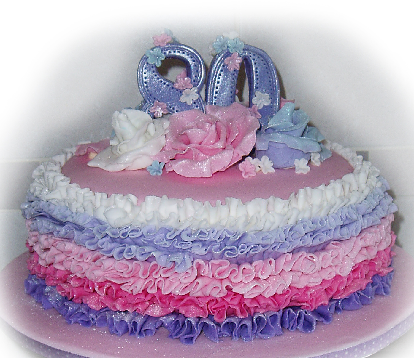 Delicious Designs by Jill Pryor: Ombre Ruffle Rose 80th Birthday Cake