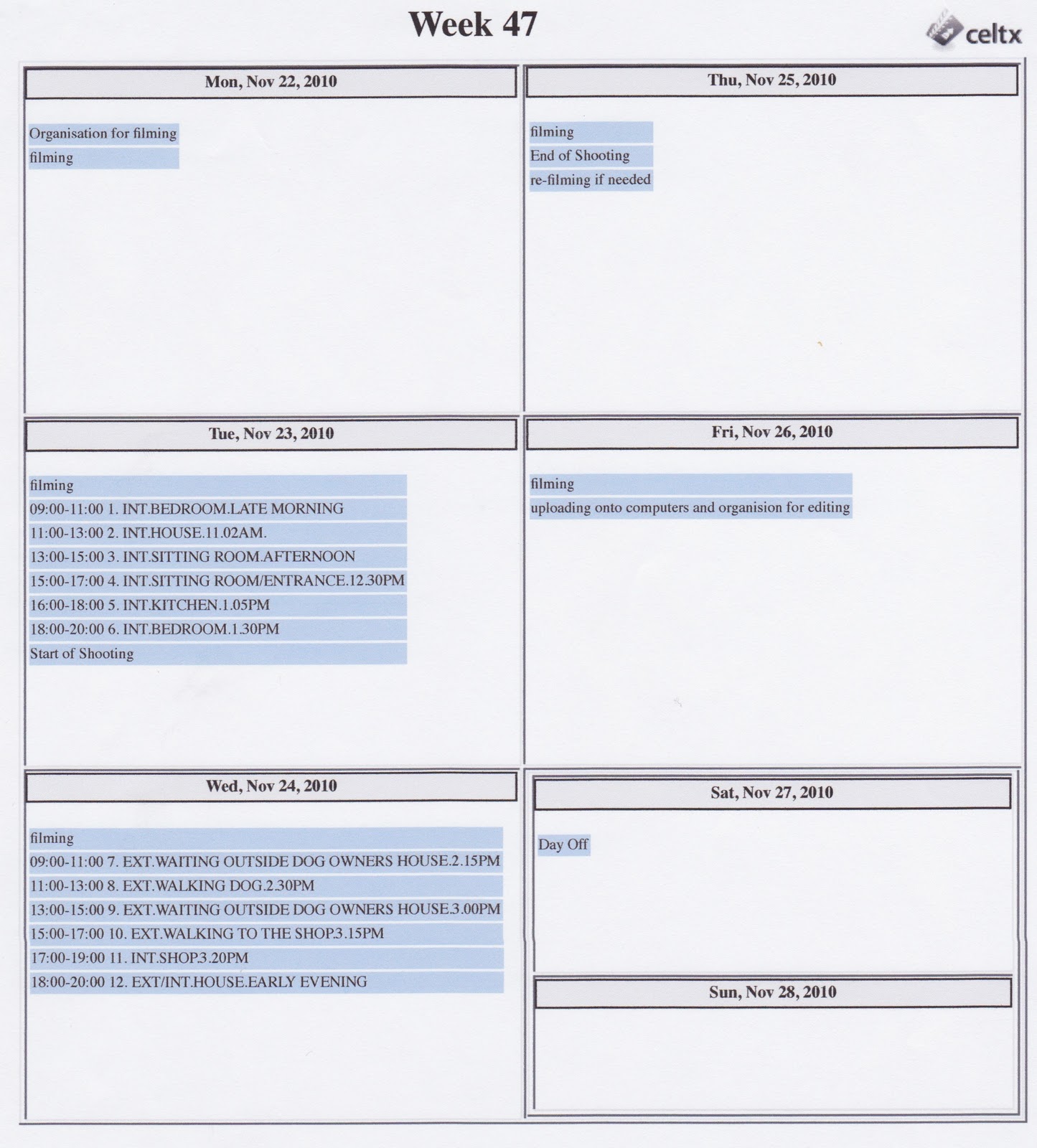 Media A2: Planning: Call sheet and Week shooting plan